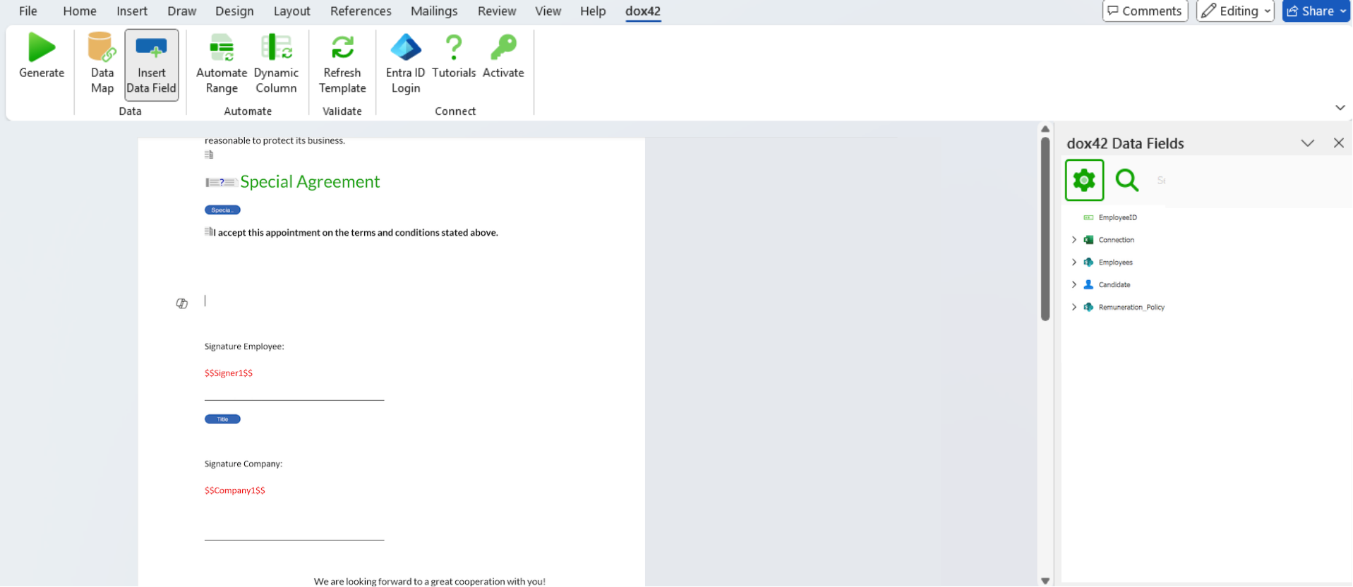 Example of a dox42 DocuSignAction