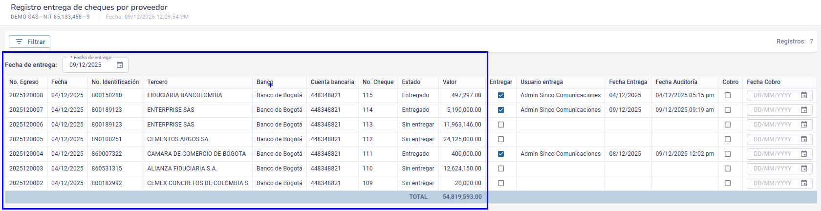 Registro entrega de cheques por proveedor