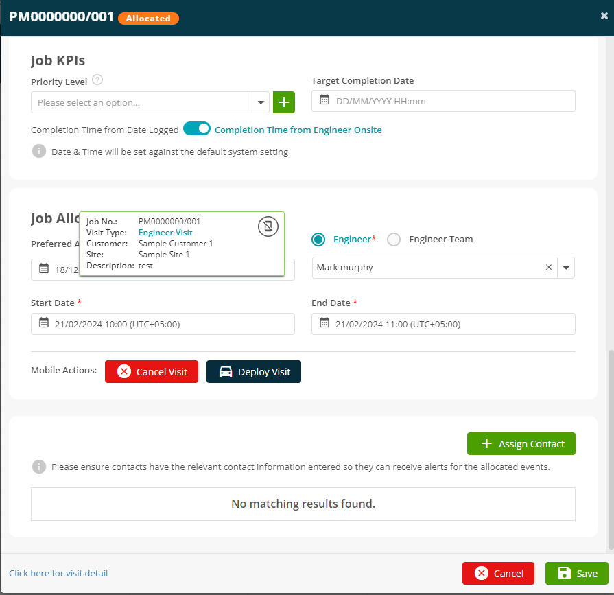 Assigning a job visit via the planner