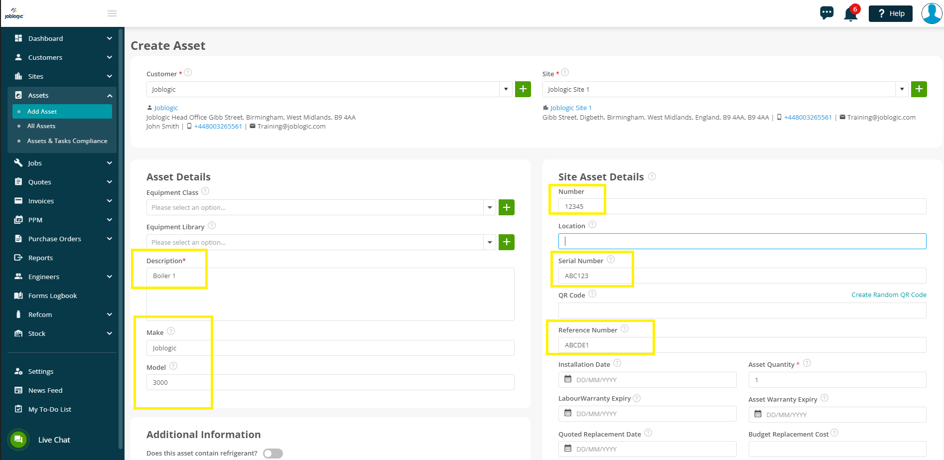 Adding an Asset Individually - User Guide | Support | Joblogic®