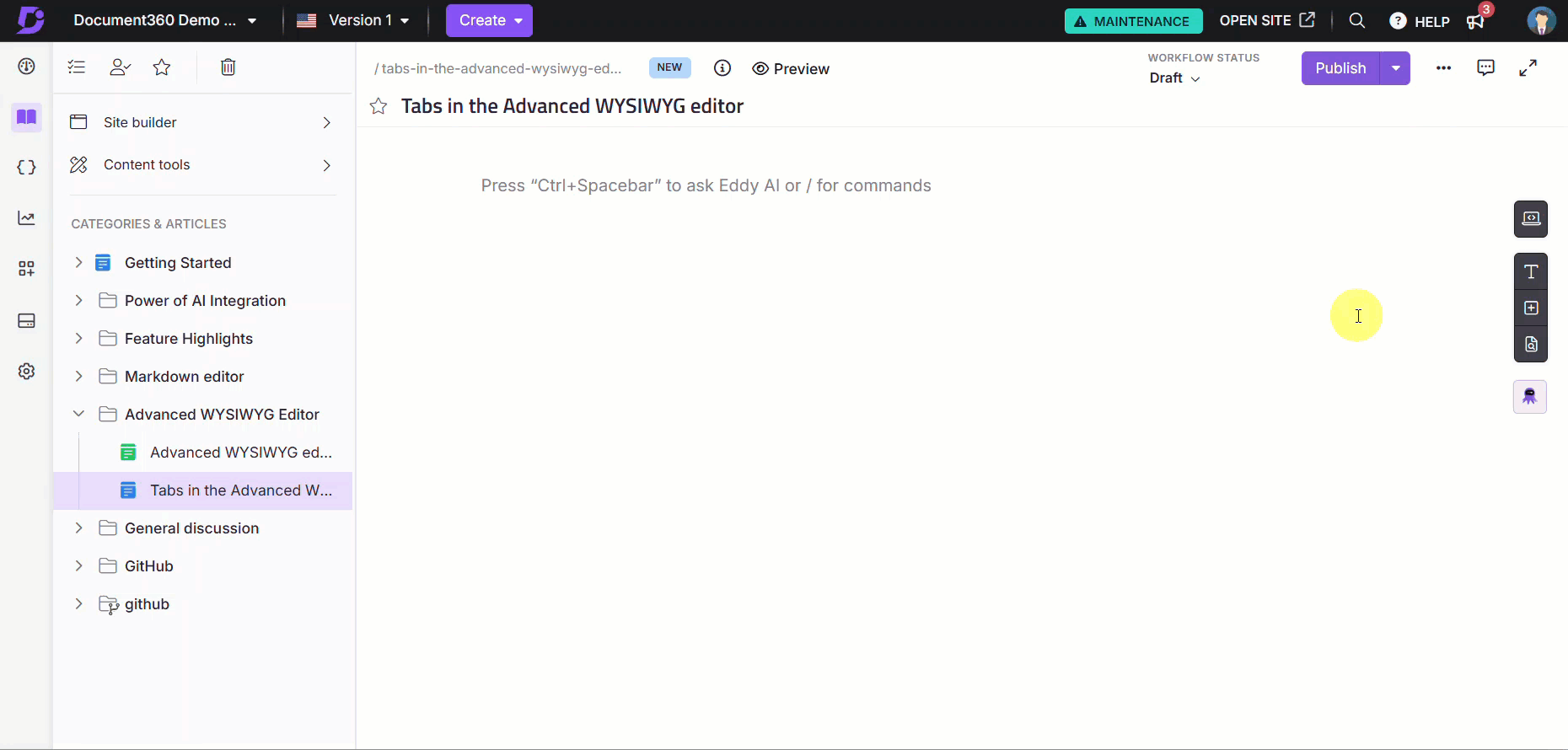Using Tabs Feature in Advanced WYSIWYG Editor to Organize Content