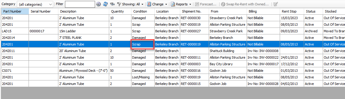 Changing Out of Service Condition for a Product