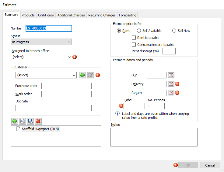 Importing Product Quantities into a New Estimate
